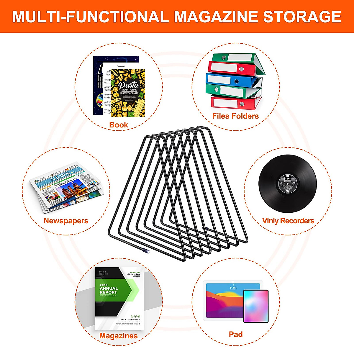 PATIKIL Triangle Desktop File Holder Rack Metal Vinyl Record Stand Holder Office File Organizer Triangle Bookshelf Decor for Desk Home Office Decor Black