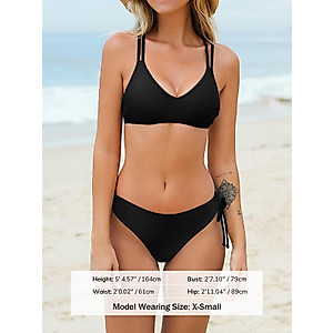 CUPSHE Women Swimsuit Bikini Set Two Piece Bathing Suit Criss Cross Back Tie Side with Double Spaghetti Straps, M Black