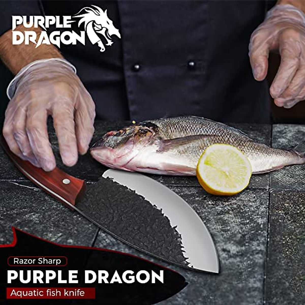 Purple Dragon Aquatic Fish Knives Fish Fillet Knife Sharp Slaughter Fish Special Knife Seafood Professional Tool Fish Knife Kitchen Knife Hammered forging Full Tang Carbon Steel Meat Cleaver