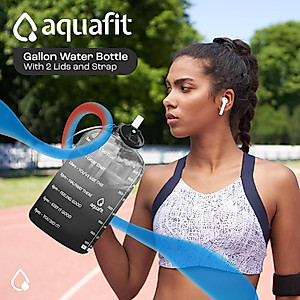 AQUAFIT 1 Gallon Water Bottle With Times To Drink - 128 oz Water Bottle With Straw - Motivational Water Bottle - Large Water Bottle - Sports Water Bottle With Time Marker - Gym Water Jug 1 Gallon