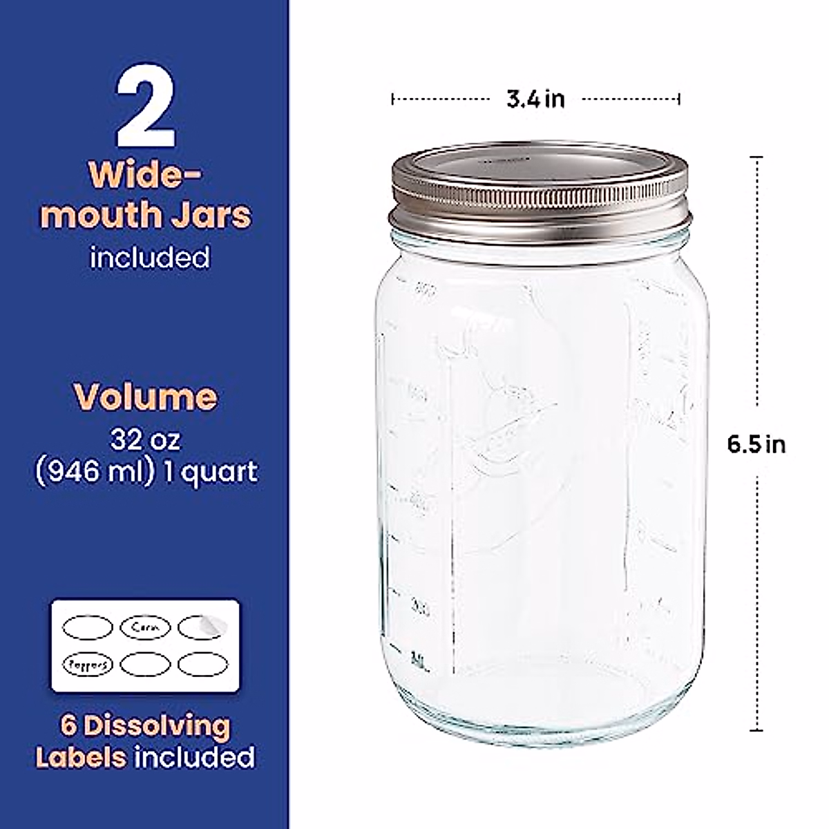 Wallaby 32oz Wide Mouth Clear Mason Jars with Lid & Seal Bands - Airtight Glass Container for Canning, Pickling, Food Storage, Candles, Home Decor, Overnight Oats, Fruit, Jam, Jelly, or DIY (2-Pack)