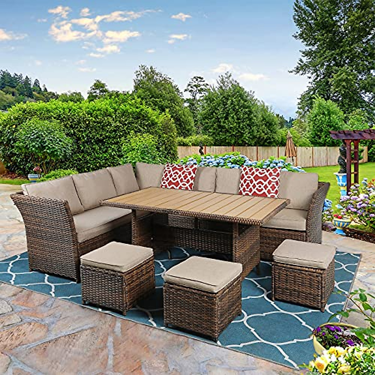 MEETWARM 7 Pieces Wicker Patio Furniture Set Outdoor Conversation Set All Weather Rattan Sectional Sofa Couch Garden Dining Table Chair Set with Ottoman (Brown)
