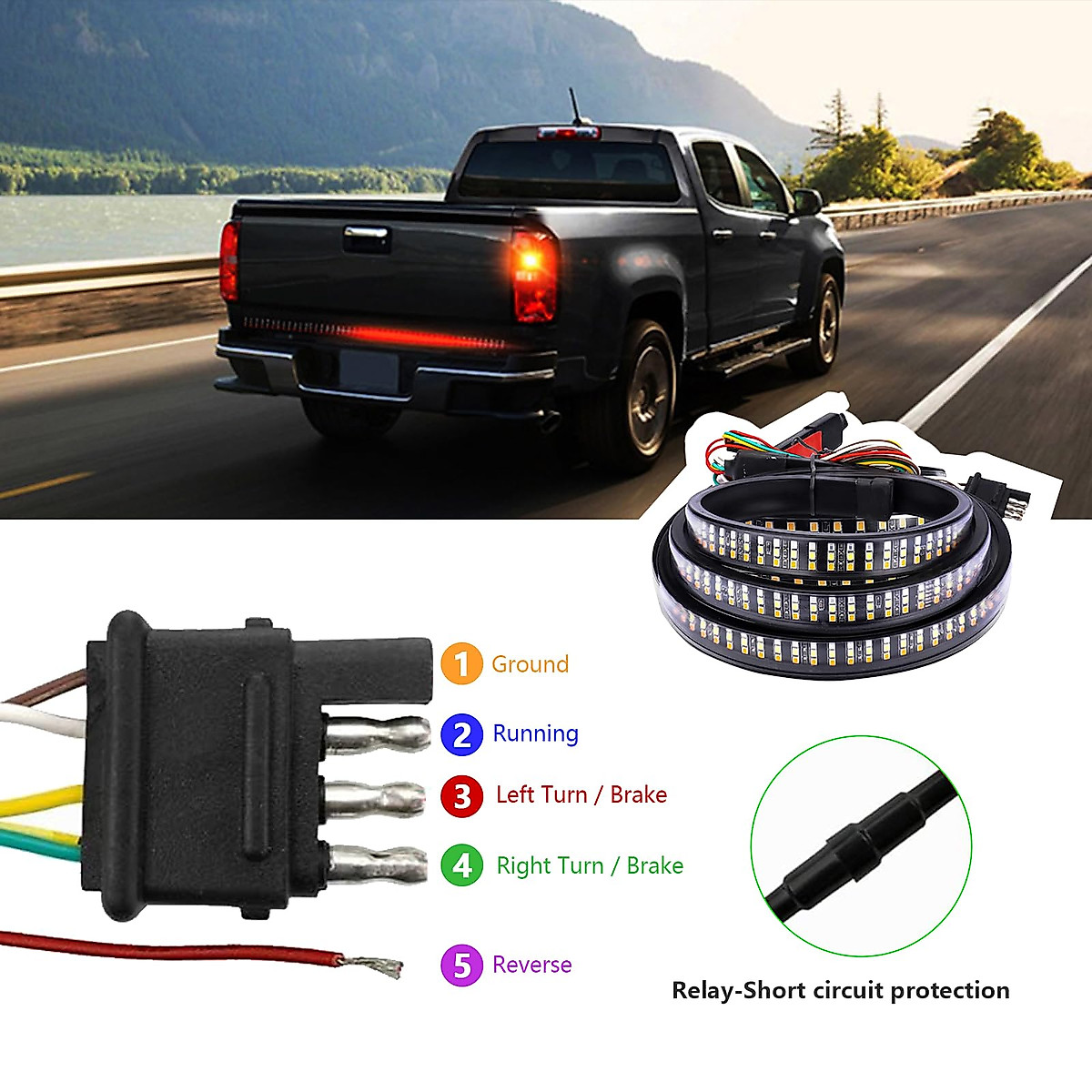 Kewucn Tailgate Light Bar 48" LED, IP65 Triple Row LED Strip with Red Running Brake White Reverse Red Turning Signals Lights, Universal Rear Light Bar for Pickup Trailer SUV RV Van (White&Yellow&Red)