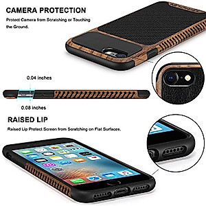 TENDLIN Compatible with iPhone SE 2022 Case (3rd Gen)/iPhone SE 2020 Case (2rd Gen)/iPhone 8 Case/iPhone 7 Case Wood Grain with Carbon Fiber Texture Design Leather Hybrid Slim Case Black