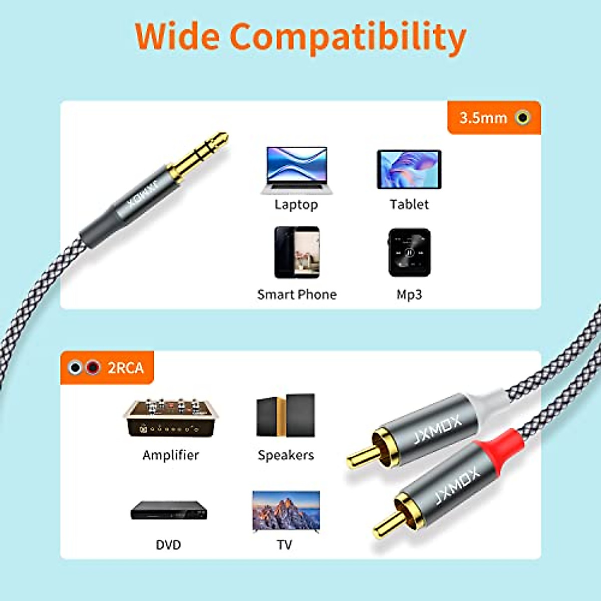 3.5mm to RCA Cable, (6.6ft/2M) RCA Male to Aux Audio Adapter HiFi Sound Headphone Jack Adapter Metal Shell RCA Y Splitter RCA Auxiliary Cord 1/8 to RCA Connector for Phone Speaker MP3 Tablet HDTV