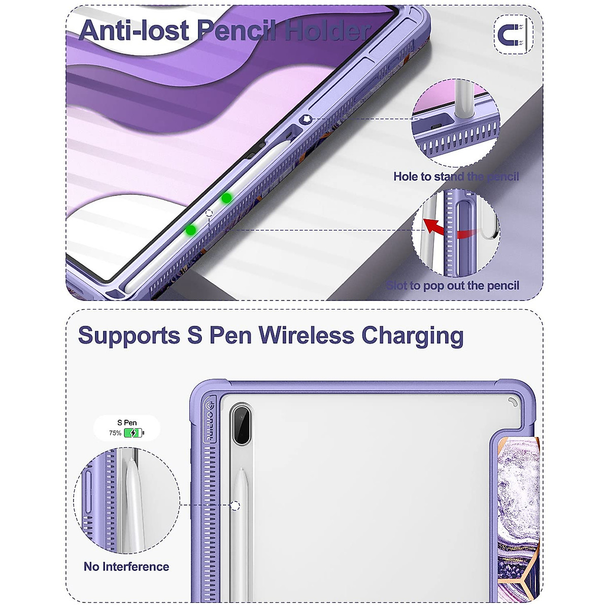 ONPINT Leather Case for Samsung Galaxy Tab S8 Plus/ S7 Plus/ S7 FE 12.4-inch, Built-in Screen Protector Folio Tablet Cover Magnetic Trifold Stand with S-Pen Holder for Women Men Cute, Lavender