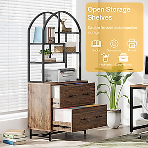 Tribesigns 4-Tier Bookshelf with 2 Drawers, Industrial Open Book Shelf Arched Bookcase, 70.8" Tall Storage Shelves Display Rack with LED Light and Metal Frame for Living Room (1, Grey)