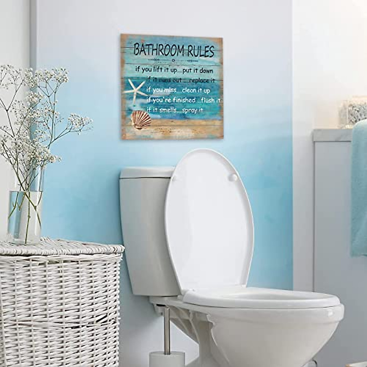 Seashells Bathroom Rules Wall Sign for Bathroom Decor, Funny Bathroom Wall Decor Wall Art For Beach House, Cute Beach Sign Plaque- 12 x 12 Inchs