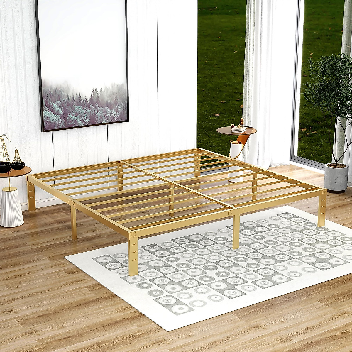 alazyhome King Size Bed Frame 14 Inch Metal Platform Bed Frame Heavy Duty Steel Slats Support No Box Spring Needed Noise-Free Easy Assembly Gold