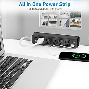 Black Under Desk Power Strip, Adhesive Wall Mount Power Strip with USB,Desktop Power Outlets, Removable Mount Multi-Outlets with 4 USB Ports, Power Socket Connect 5 Plugs for Home Office Reading