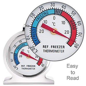 Anvin Refrigerator Thermometers Large Dial Freezer Thermometer with Dual-Scale -30~30°C/-20~80°F for Freezer Refrigerator Cooler, Hooks or Stands Alone Thermometers Durable Steel (Pack of 2)