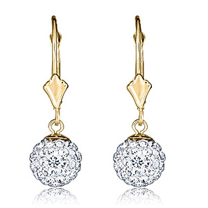 AVORA 10K Yellow Gold 8mm Swarovski Elements Crystal Dangle Ball Lever-back Drop Earrings