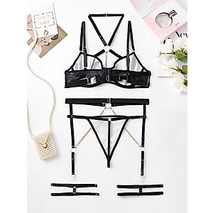 Lilosy Women Sexy Chain Strappy Underwire O Ring Push Up Garter Belt Chocker Lingerie Set Latex Harness Bra and Panty 3 Piece Leather Black Medium