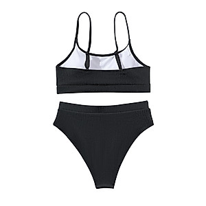 Lilosy High Waisted Tummy Control Bikini Ribbed Sporty Brazilian Swimsuit Set Women Highwaisted Cheeky Cut Leg Rise Bottom Crop Push Up Top 2 Piece Bathing Suit Black Medium
