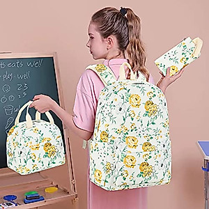 LEDAOU Backpack for Teen Girls School Bags Kids Bookbags Set School Backpack with Lunch Box and Pencil Case (Yellow White Flowers)