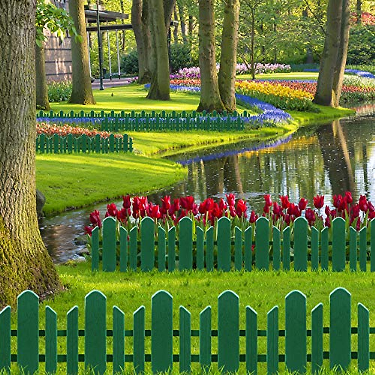 Sunnyglade 12 Pack Garden Edging Decorative Border Recycled Plastic Landscape Garden Fence Flexible No-Dig Spikes,Dark Green