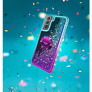 Silverback for Galaxy S21 FE 5G Case, Moving Liquid Holographic Sparkle Glitter Case with Kickstand, Bling Diamond Bumper Ring Slim Samsung S21 Fe Case for Girls Women - Purple