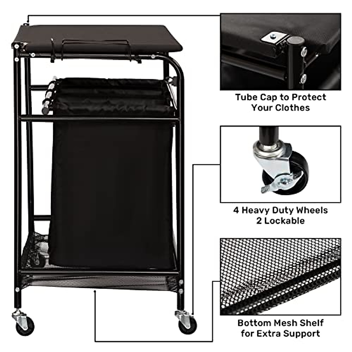 ALIMORDEN Laundry Sorter with Folding Ironing Board Iron Rack, Laundry Hamper Organizer with Sturdy 3 Clothes Bags and 4 Wheels for Laundry Room Black