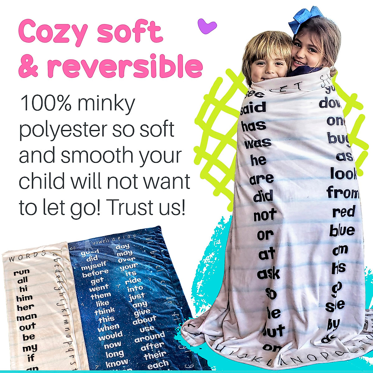 Birdy Boutique - Double Sided Learning Blanket® - Sight Words (Dolch & Fry List) Teach Over 150 Words - Cozy Soft Minky - Great for Early Readers, Homeschoolers, PreK, Kindergarten - 50" X 60"