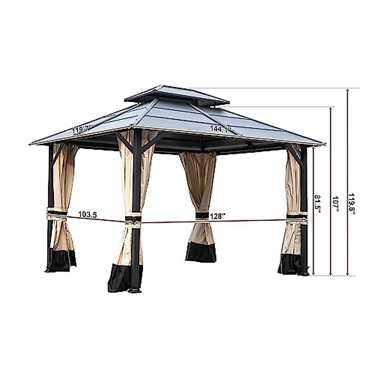 MONDAWE 10x12Ft Hardtop Gazebo Double Roof Permanent Gazebo Steel Frame Canopy Outdoor Pavilion Heavy Duty for Patio Lawn Garden with Curtains and Netting,Black