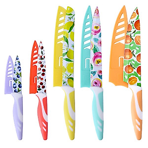 UPTRUST Knife Set, 10-piece Kitchen Knife Set Nonstick Coated with 5 Blade Guard, Multicolored Fruit Knives, Pioneer Woman Knife Set for Christmas Gifts