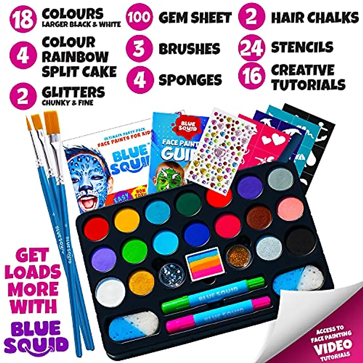 Blue Squid Face Painting Kit for Kids - 22 Color 160pcs Kids Face Paint Kit with Stencils & Book, Halloween Makeup Kit, Professional Face Paint Kids Face Painting Kit Non Toxic Face Paint Kit for Kids