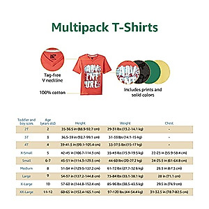 Amazon Essentials Boys' Short-Sleeve V-Neck T-Shirt Tops (Previously Spotted Zebra), Pack of 4, Navy/Blue/White, Dinosaur, Medium