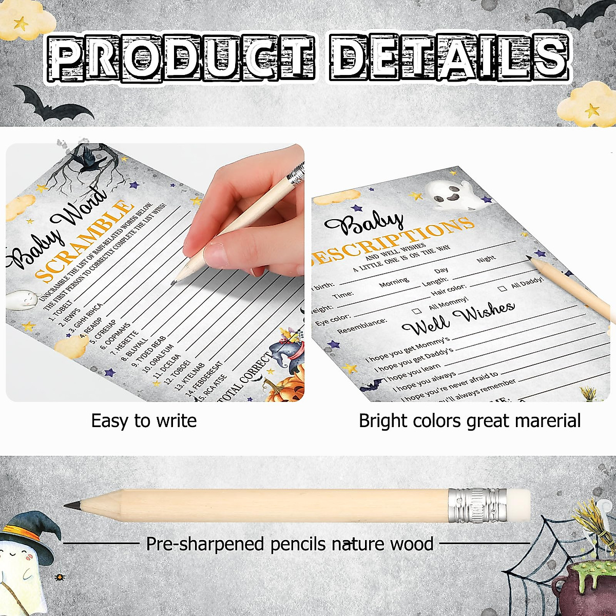 Yinder 145 Pieces Baby Shower Games for Boy or Girl Game Activities Cards with 20 Pencils Includes Baby Bingo Description and Wishes Guess Who Baby Price is Right, Word Scramble Game (Halloween)