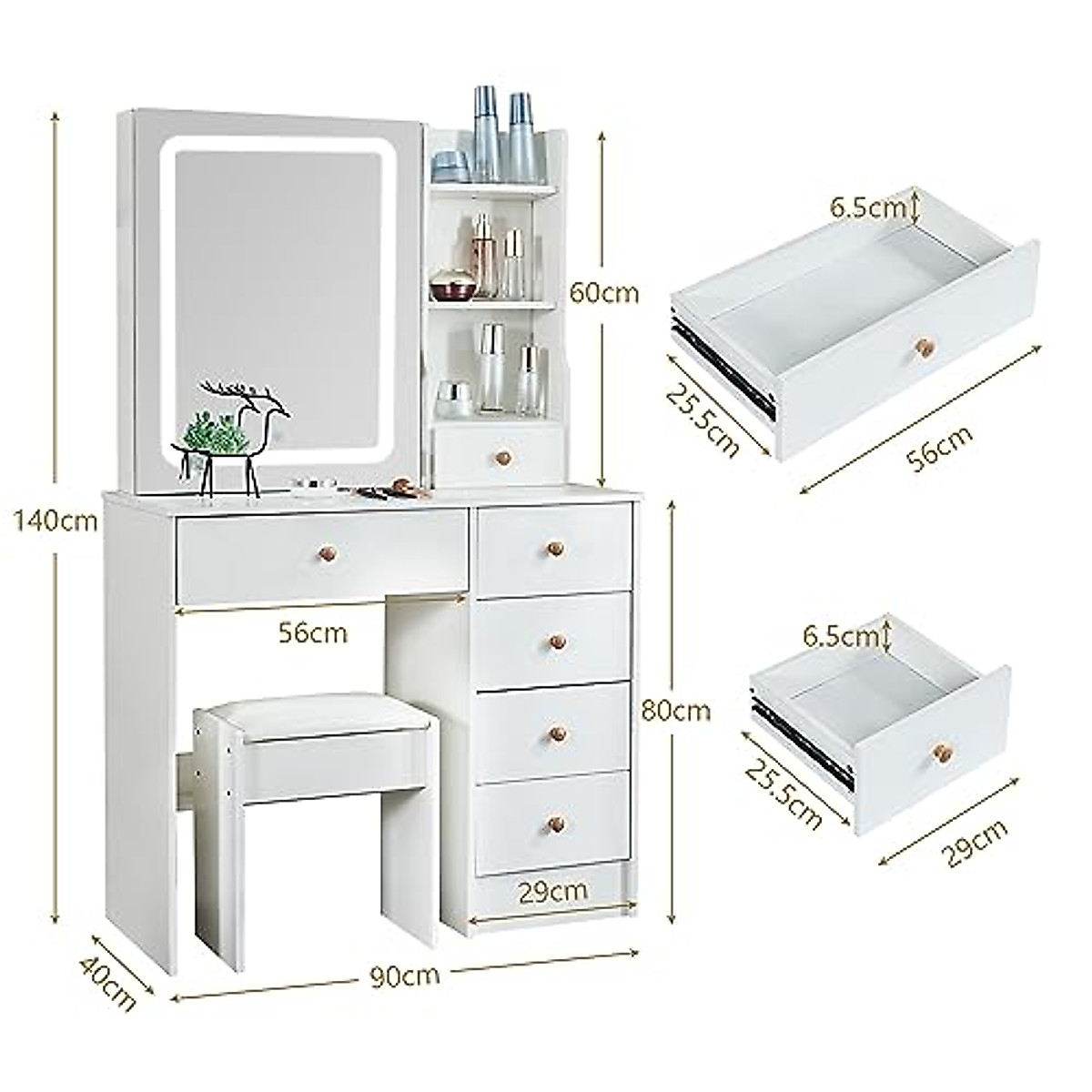 JBLCC Large Vanity Desk with Mirror and Lights, Vanity Table Makeup Vanity with Slidable Mirror 5 Drawers and Storage Shelves,Dressing Table Set 3 Lighting Color Adjustable (06LED)