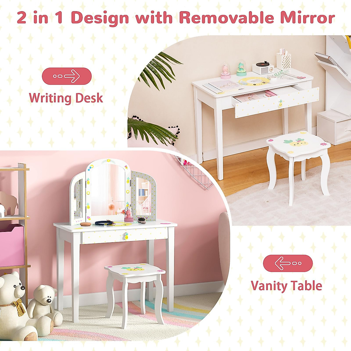 HONEY JOY Kids Vanity Set, Toddler Beauty Makeup Dressing Table w/Stool & Drawer, Tri-Fold Silver Mirror, Detachable Top, Pineapple Theme Wooden Princess Pretend Play Vanity Set for Little Girls