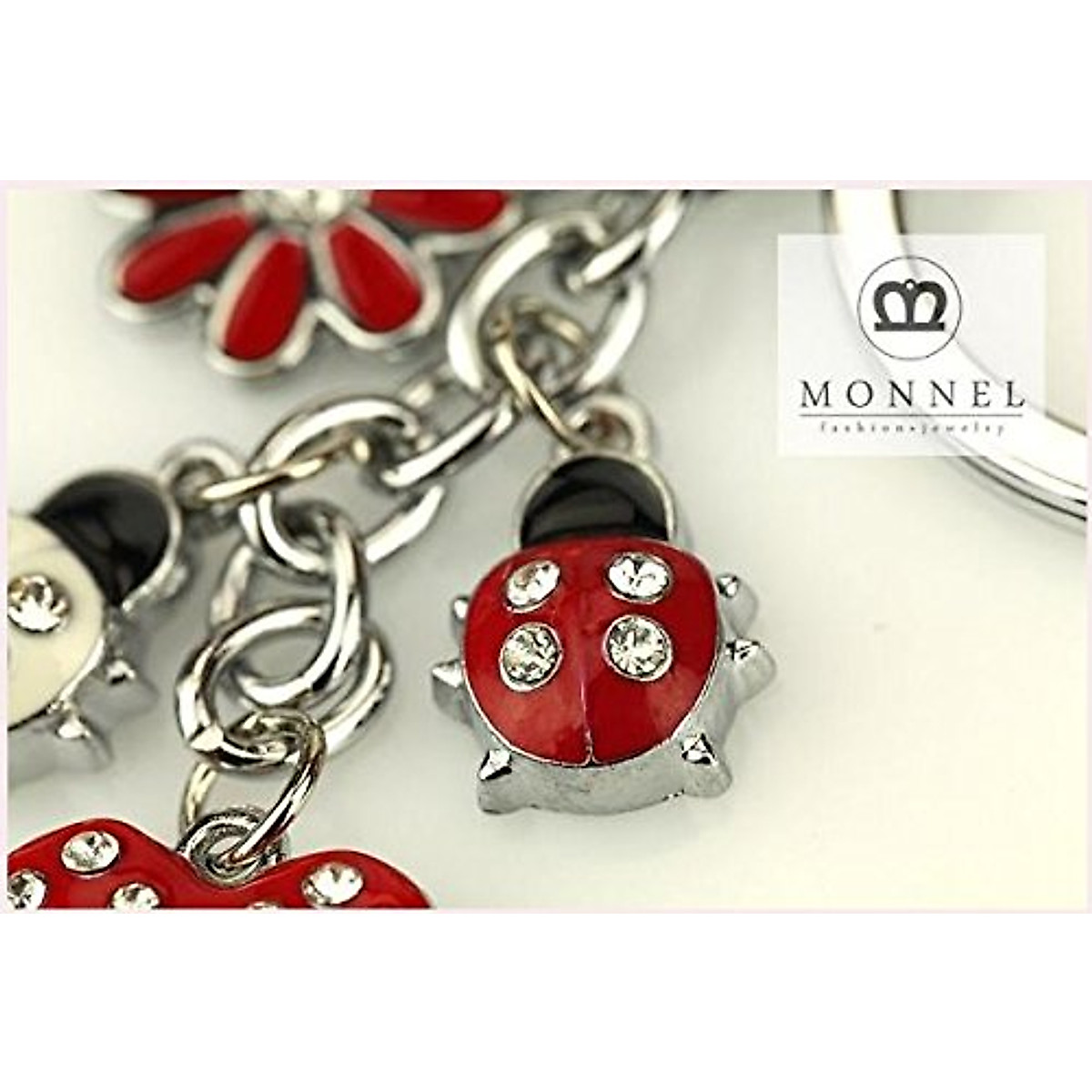 Z395E MONNEL Crystal Red Style Ladybug Heart Lily Charms Key Ring Keychain
