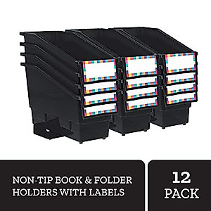 Really Good Stuff Non-Tip Book and Binder Holders, 5½” by 13½” by 7¾” (Set of 12, Black) Magazine, Folder Bins with Stabilizer Wings, Built-In Label Holder – Durable, Won’t Fall Over