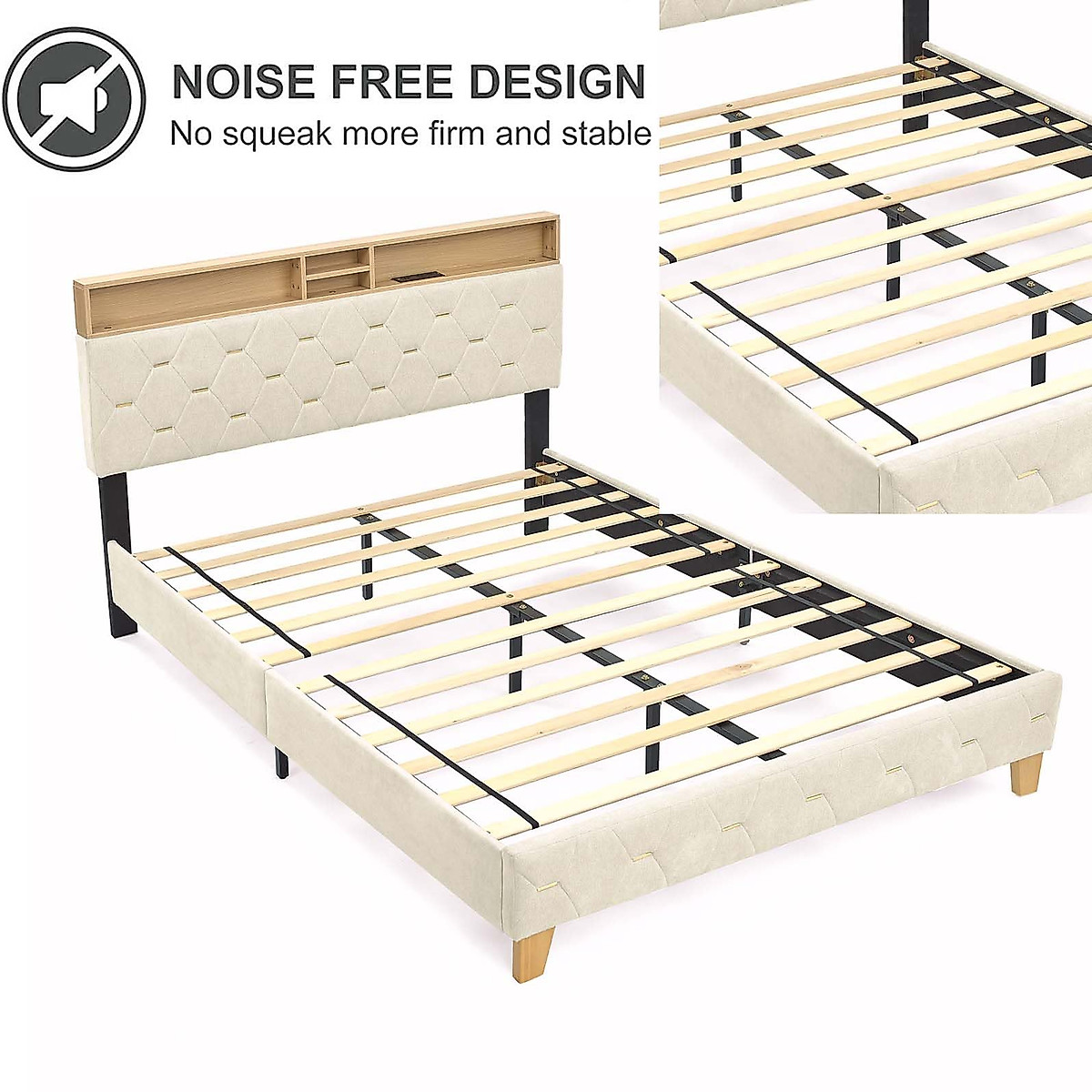 Queen Size Bed Frame with Shelf Storage & Upholstered Headboard, Upholstered Platform Bed Frame with USB Port, No Box Spring Needed, Sturdy Wood Slats for Family Bedroom Apartment (Beige, Queen)