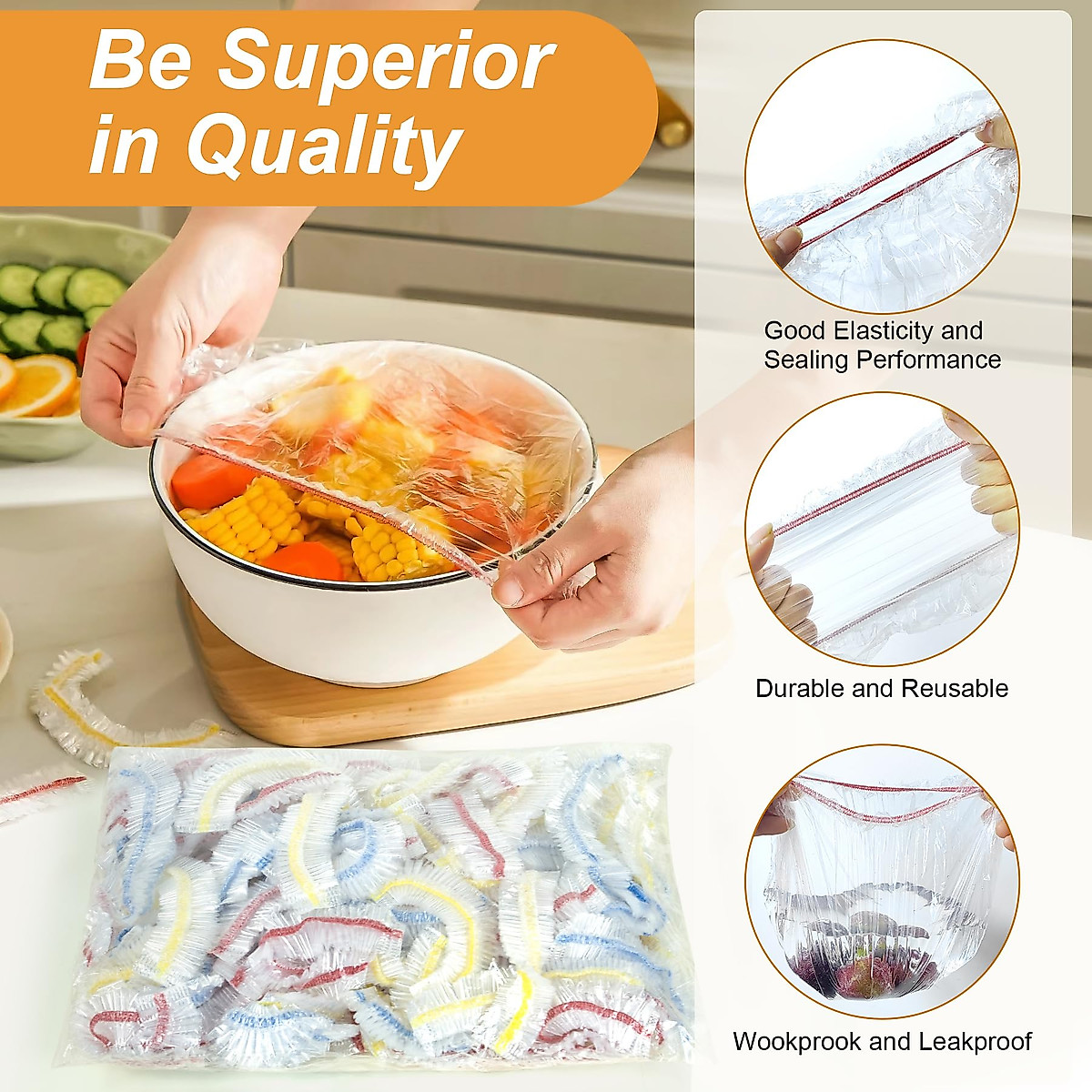 DAOZIJI Plastic Bowl Covers Elastic Reusable Fresh Keeping Bags/100ps, Plastic Food Covers Stretch Reusable, Reusable Bowl Covers for Bread Proofing, Disposable Elastic Bowl Covers for Outside