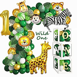 Amandir Wild One Birthday Decorations Balloon Boxes, Animal Print Green Gold Balloon Garland Arch Kit Number1 Artificial Leaves for Safari Jungle Theme First 1st Birthday Party Supplies Kids Boy Girl