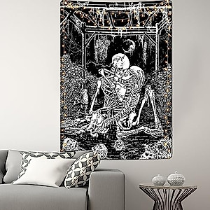 Uspring Skull Tapestry Kissing Lovers Tapestries Black and White Sketelon Tapestry Gothic Moon Tapestry for Bedroom Aesthetic Wall Hanging decor (51.2 x 59.1 inches)