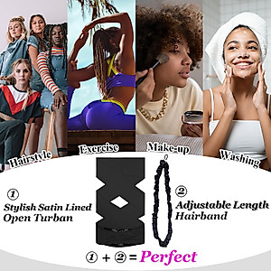Stylish Satin Lined Open Turban for Unisex Women's Workout Headbands Non Slip Sport Sweatbands Yoga Hairbands for Travel Fitness, Black, 1 PCS