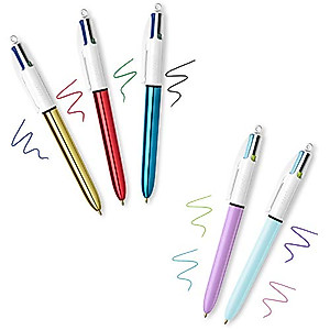 BIC 4 Colours Pens In A Special Metal Tin of 5 Pens, Includes mix of Shine and Bright Barrel Coloured Ink,Black, red, blue, green