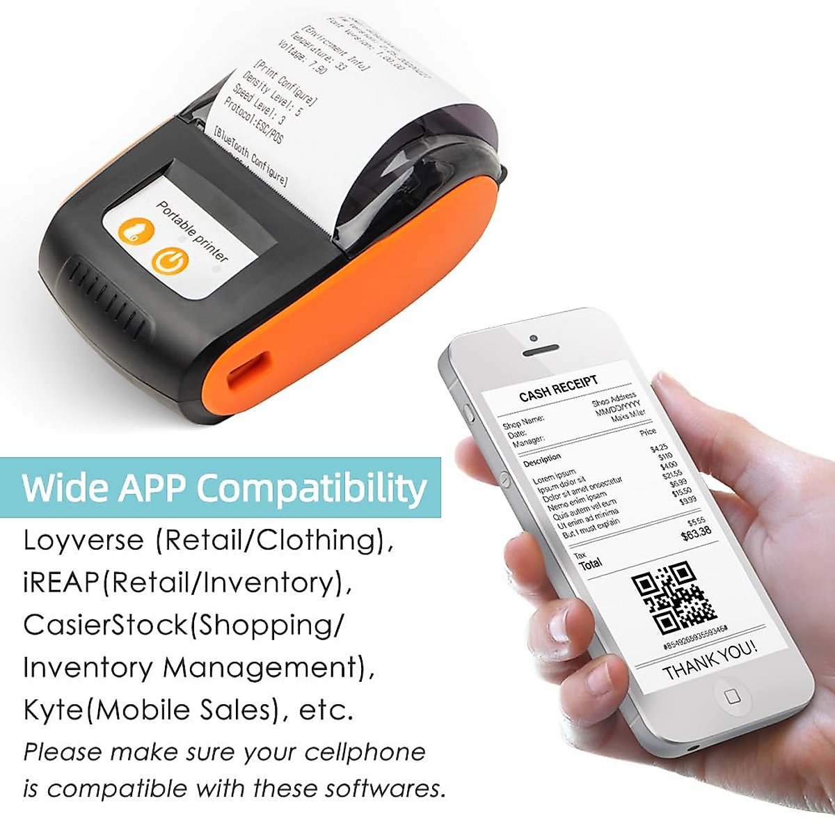Sunydog Portable Receipt Printer,58mm Mini Thermal Printing Wireless BT USB Mobile Printer with 2 Inch Thermal Paper Roll Compatible with Android/iOS/Windows System for Small Business Restaurant