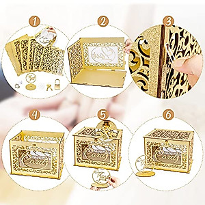 Gold Wedding Card Box with Lock and LED Fairy Lights, Wooden Gift Card Box Money Box Holder for Wedding Reception, Graduation Party, Bridal Shower, Keepsake Party Favor, Cosmetic Home Decor