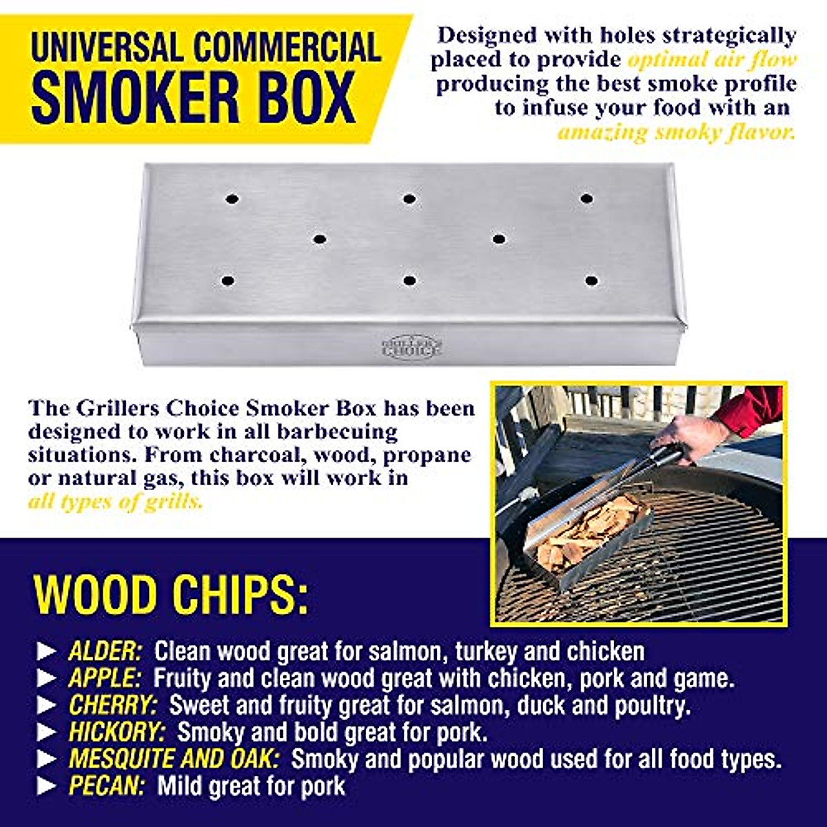 Smoker Wood Chip Box For BBQ Grill. Add Wood Chips To Tray For The Best Tasting Barbeque. Stainless Steel Thick Box For Gas, Charcoal and Wood. Best Grilling Accessory - Tool. By Grillers Choice