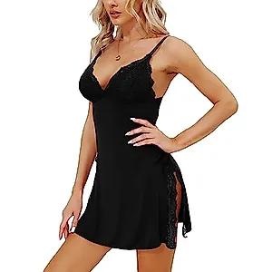 Queenfox Lingerie for Women Sexy Nightgowns Lace Modal Babydoll Chemise V-Neck Side Slit Sleepwear Soft Sleep Dress Black L
