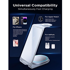 Wireless Charger, 3 in 1 Charging Station for Multiple Devices Apple, [Metal] 15W Fast iPhone Charging Station for iPhone 15/14/13/12/11/Pro/Max/Apple Watch/Airpods Pro