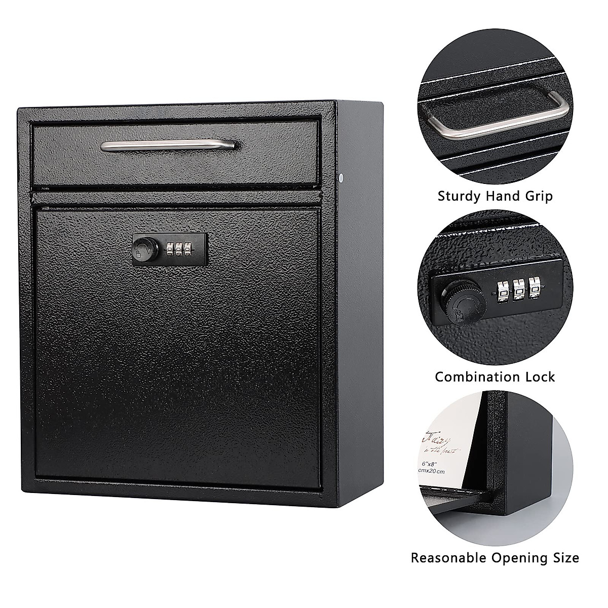 KYODOLED Steel Combination Lock Mail Boxes Outdoor,Locking Wall Mount Mailbox,Security Key Drop Box,12H x 10.51L x 4.68W Inches,Black Large