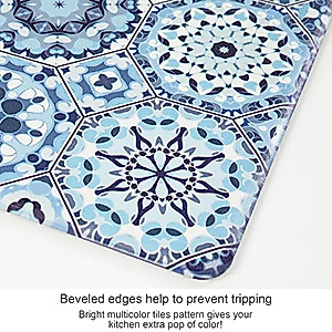 Crisjanggo 2PCS Kitchen Rugs and Mats, Blue Memory Foam Cushioned Anti Fatigue Comfort Floor Mat Non Slip PVC Waterproof Kitchen Carpet Set for Kitchen Laundry Sink 17"x48"+17"x28"