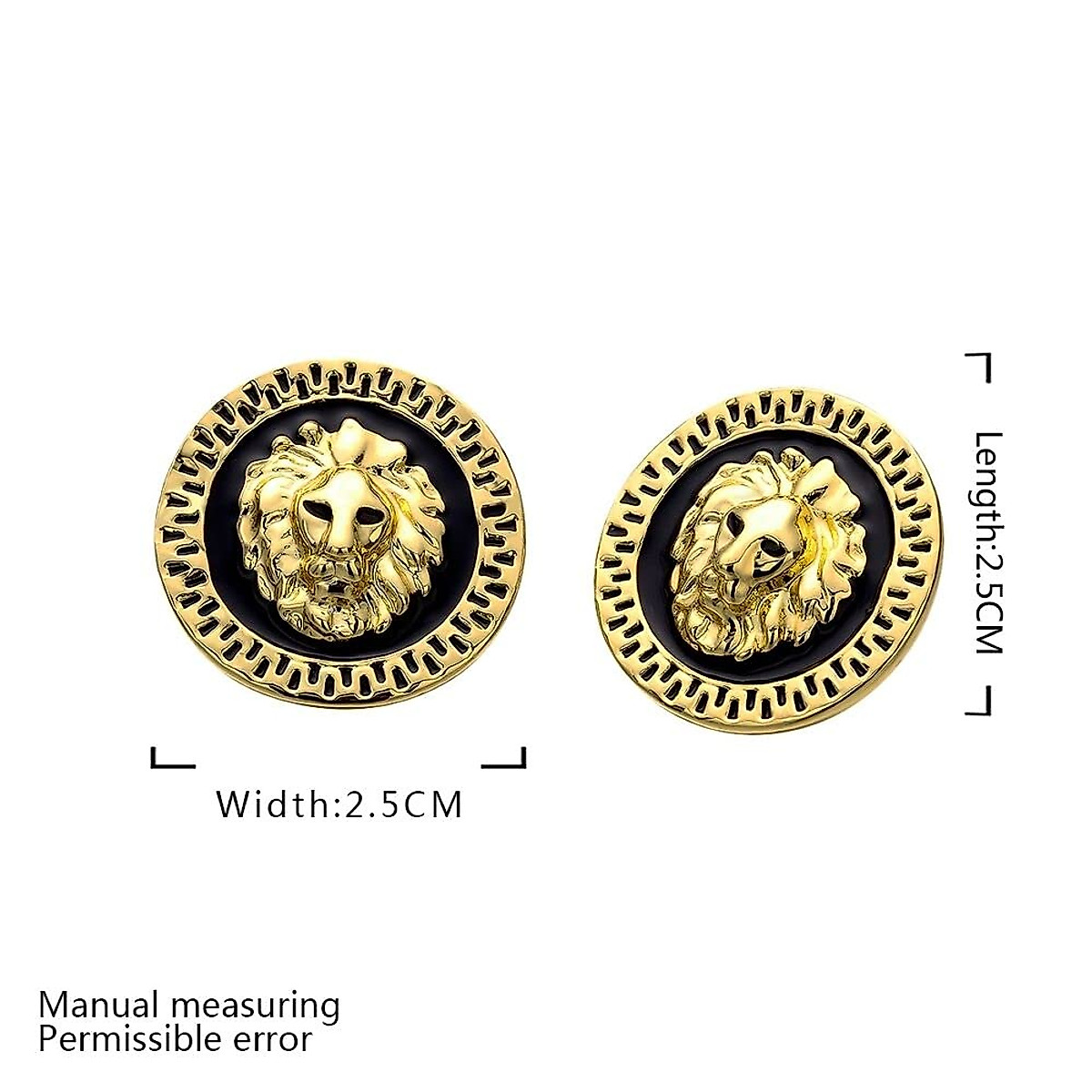 Yellow Gold Plated Black Round Earrings Stud Push Back Lion 1" L319