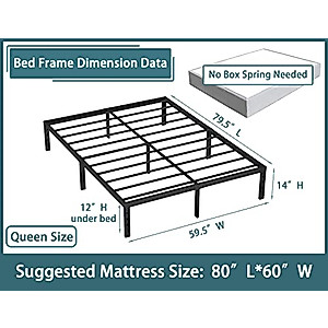 Rooflare Queen Bed Frame 14 Inch High 9 Legs Max 3500lbs Heavy Duty Sturdy Metal Steel Queen Size Platform No Box Spring Needed Black Easy to Assemble-Black