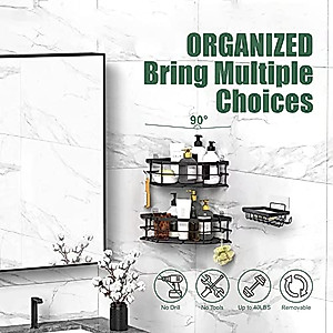 AIFEIVICO Corner Shower Caddy, 3-Pack Adhesive Shower Shelves with Soap Holder, Large Rustproof Carbon Steel Bathroom Shower Organizer with 4 Hooks, No Drilling Wall Mounted Shower Rack (Black)
