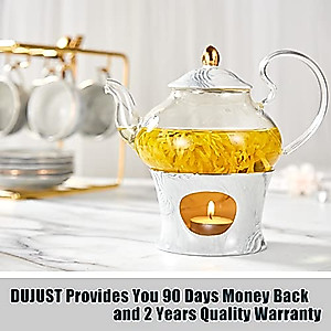 DUJUST 21 pcs Small Tea Set of 6, Gray Marble Texture with Handcraft Golden Trim, Fine Porcelain Tea pot Set for Kids&Adults, 1 Glass Teapot(22oz), 6 Cups(4oz), 6 Saucers, 6 Spoons, 1 Shelf&1 Warmer