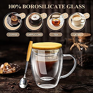 PARACITY Glass Coffee Mugs Set of 2 with Bamboo Lid/Spoon, Double Wall Insulated Clear Tea Cups 12 OZ with Hand for Cappuccino/Latte/Coffee, Borosilicate Glassware for Kitchen/Travel